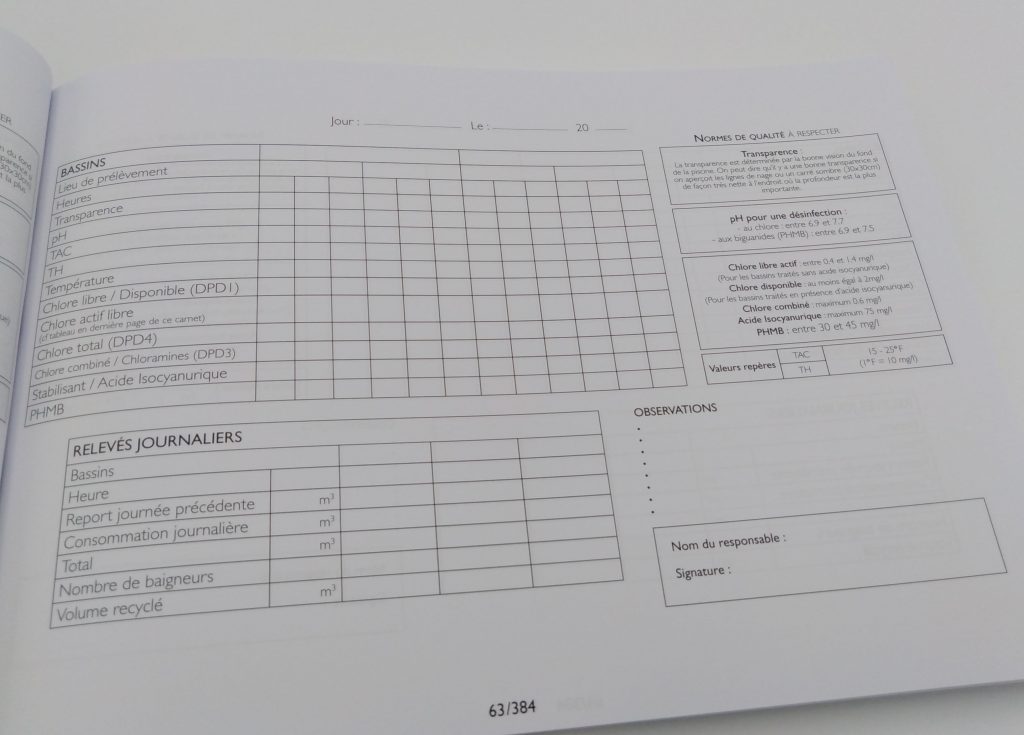 Carnet Sanitaire Piscine Collective - Relevés Journaliers - 365 P